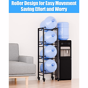 5 Gallon Water Jug Holder, Moveable 4 Tier Heavy Duty Water Rack with 4 Wheels, Rack for Water Jug Storage, Space Saving Water Stand for Four 5 Gallon Water Jugs, Black