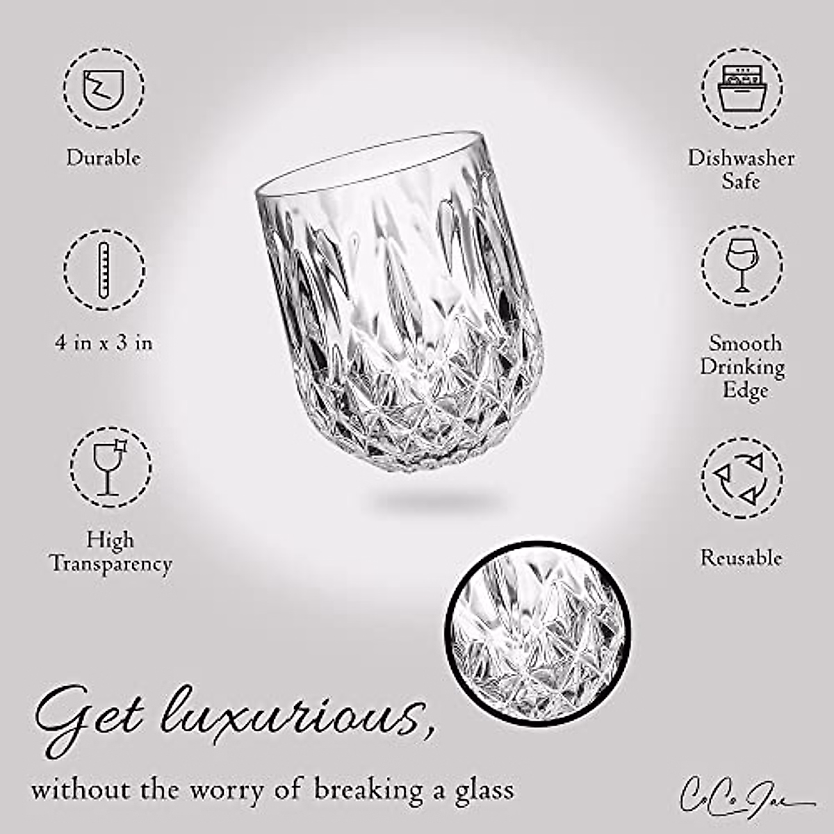 CoCoJae Plastic Stemless Wine Glasses, 12 Oz Whiskey Tumblers, Reusable Lowball Cocktail Glasses, BPA-Free, Dishwasher Safe Rocks Glass, Plastic Wine Glass & Outdoor Drinkware for Pool - Set of 6