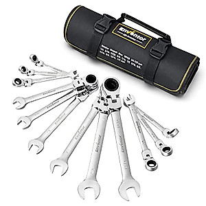 Enventor 180° Flex Head Ratcheting Wrench Set, 12 Pieces SAE 1/4-7/8", CRV Steel, 72-Teeth, 12-Point Combination Ratchet Wrenches Set with Rolling Pouch