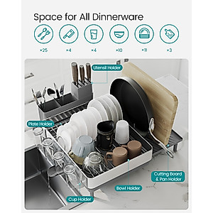 SONGMICS Large Dish Drying Rack, Expandable Dish Dryer for Kitchen Counter, Stainless Steel Dish Rack with Rotatable Spout, Utensil, Cup, Glass, Cutting Board, Pan Holders, Silver and Gray UKCS037G01