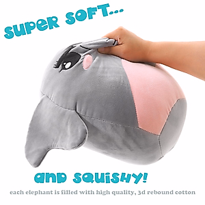 Jemsia Stuffed Elephant Animal Squishy Plush Toy for Kids,Plushie Elephant Animal Shaped Lumbar Back Cushion 12in Boys Girls Gift for Christmas Birthday Valentine's Day