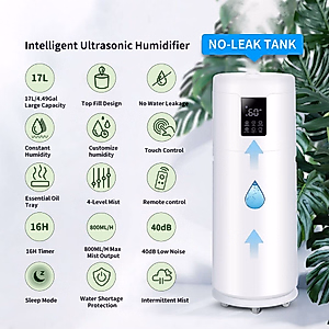 Humidifiers for Large Room Home Bedroom 2000 sq.ft. 17L/4.5Gal Large Humidifier with Extension Tube & 4 Speed Mist,Top Fill Wholehouse Humidifier with 360°Nozzle for Plant Office Commercial Greenhouse