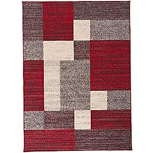 Modern Boxes Design Non-Slip (Non-Skid) Area Rug 5 X 7 (5' 3" X 7' 3") Red