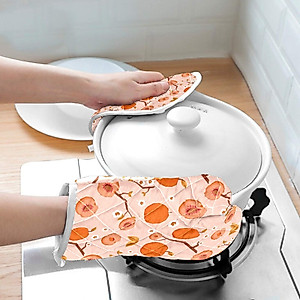 CENHOME Oven Mitts Orange Peaches Floral Branches Light Pink 2 Pack Oven Gloves and Pot Holder Sets 482¨H Heat Resistant Cotton Lining Kitchen Cooking Baking Grilling BBQ