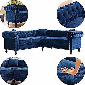 ERYE 80" Symmetrical Sectional Sofa,Button Tufted Velvet Upholstered Modular Sofa & Couch,Luxury Roll Arm Classic Chesterfield Couch,Nail Head Decor L-Shaped Corner Sofá with 3 Pillows, Blue