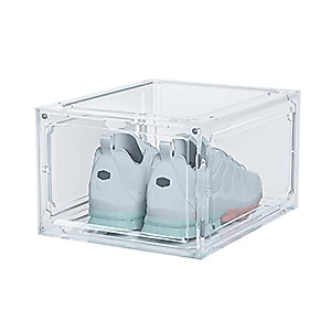 HIYOHIYO 1 Pack Shoe Boxes Clear Plastic Stackable, Sneaker Containers Magnetic Shoes Storage Box Foldable Drop Front Organizer Shoes Cases for Home Display Bins Fit up to Size 14 (14.2"x 11"x 7.9")