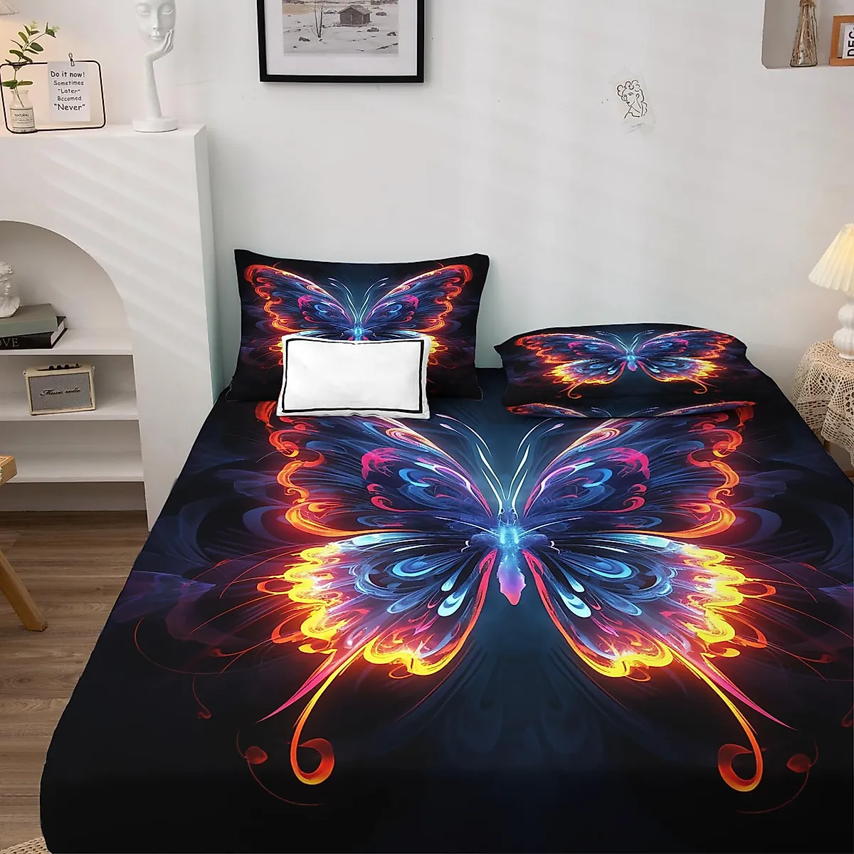 Butterfly Sheets King Size, Butterflies Flames Bed Sheets, Patterned Bedding Sheets & Pillowcases 4 Piece Set - Soft Microfiber Deep Pocket Fitted Sheet & Flat Sheet & 2 Pillow Cases K1-&-42