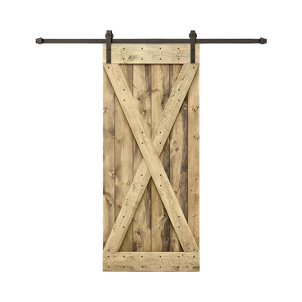 Jforest DIY 84in X Shape Barn Door with Hardware & Handle Included, Heavy Duty, Sliding Door Hardware, Pre-Drilled Barn Door, Solid Wood Material, Barn Door Made in USA. (Oak) (42" x 84")