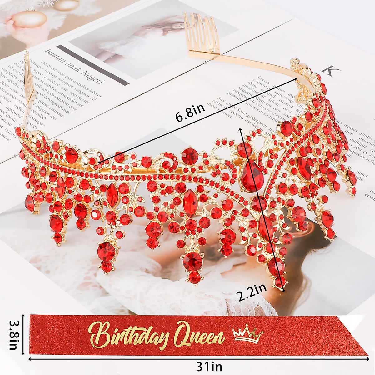 KICOSY Birthday Sash and Crown for Women Red Birthday Headband and Birthday Queen Sash Set Happy Birthday Tiara for Women Crystal Birthday Crown Adult Women Birthday Decorations