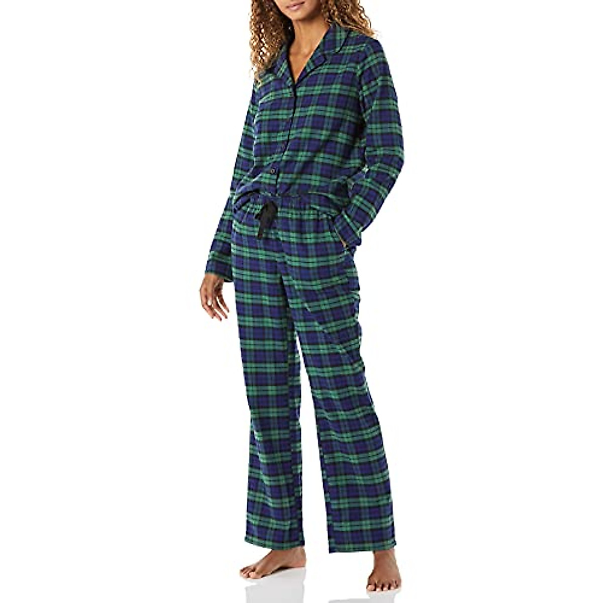 Amazon Essentials Women's Flannel Long-Sleeve Button Front Shirt and Pant Pajama Set, Cobalt Blue Green Blackwatch Plaid, Small
