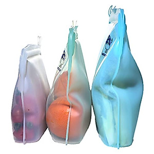 Gaia's Eco Kitchen Multipurpose Reusable Food Storage Bags - Silicone Pouches - Leakproof, Sustainable - Fresh & Frozen Meals, Snacks, On-The-Go - Freezer, Oven, Microwave, Dishwasher Safe - 3 Pack (16 oz, 30 oz, & 50 oz)