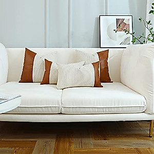 Throw Pillow Covers,Pillow Covers 24x24,Khaki Stripes Textured Cotton Faux Leather Stitching Square Farmhouse Pillow Covers Home Decorative for Sofa Couch Chair Bedroom Sets of 2