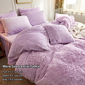 LIFEREVO Luxury Plush Shaggy Duvet Cover Set, Soft Velvet Fluffy Furry Duvet Cover Set(1 Lavender Faux Fur Fuzzy Comforter Cover+2 Pom Poms Pillow Shams)Bedding Set, Zipper Closure(Full/Queen, Orchid)