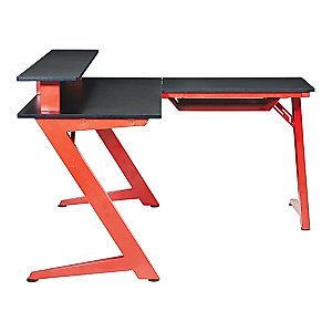 OSP Home Furnishings Avatar Battlestation L-Shape Gaming Desk with Bluetooth RGB LED Lights and Carbon Fiber Surface, Red