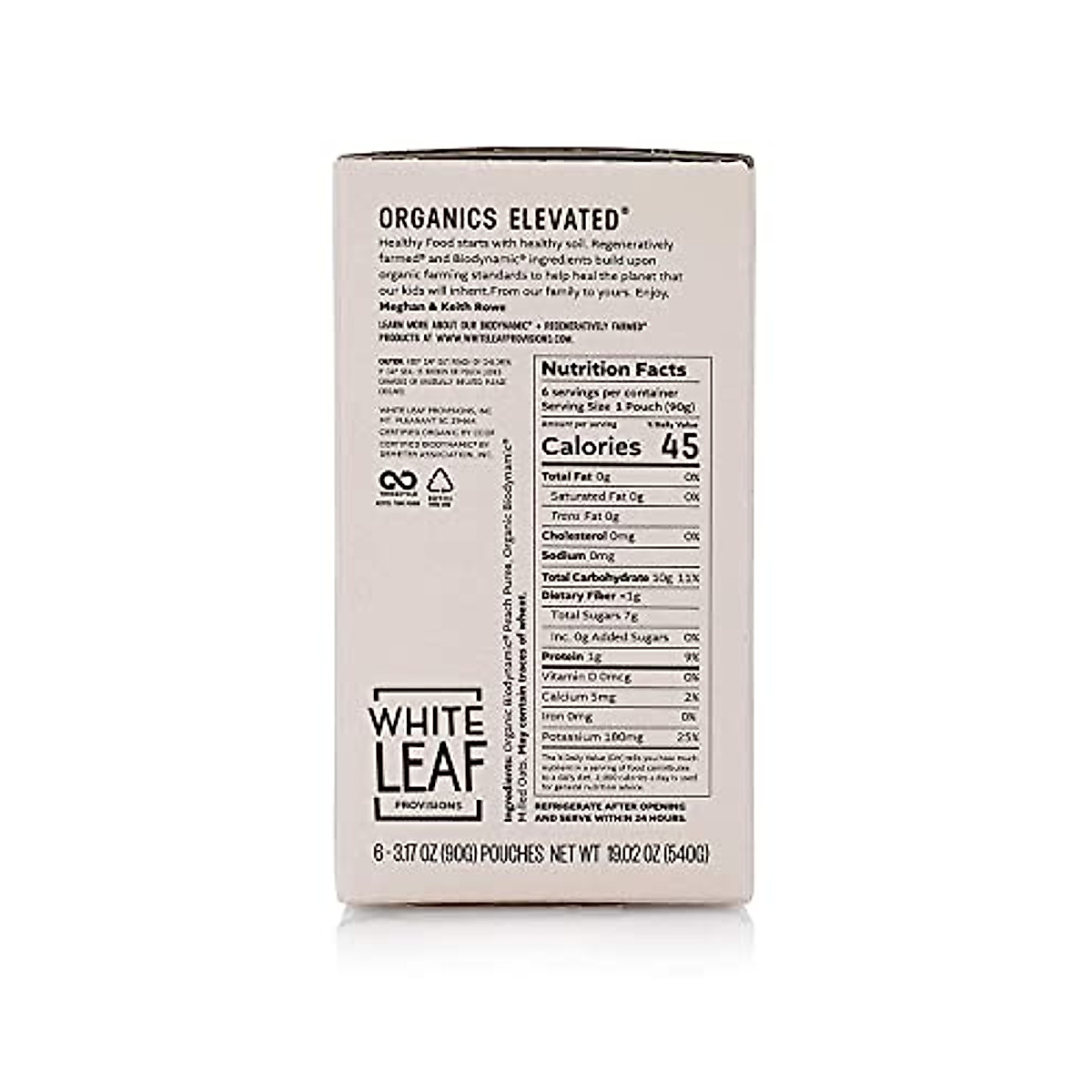 White Leaf Provisions Biodynamic Organic Baby Food – 12 x 3.17 Oz Peach + Oat Unsweetened Baby Puree Pouches - Squeezable Baby Food & Toddler Snack