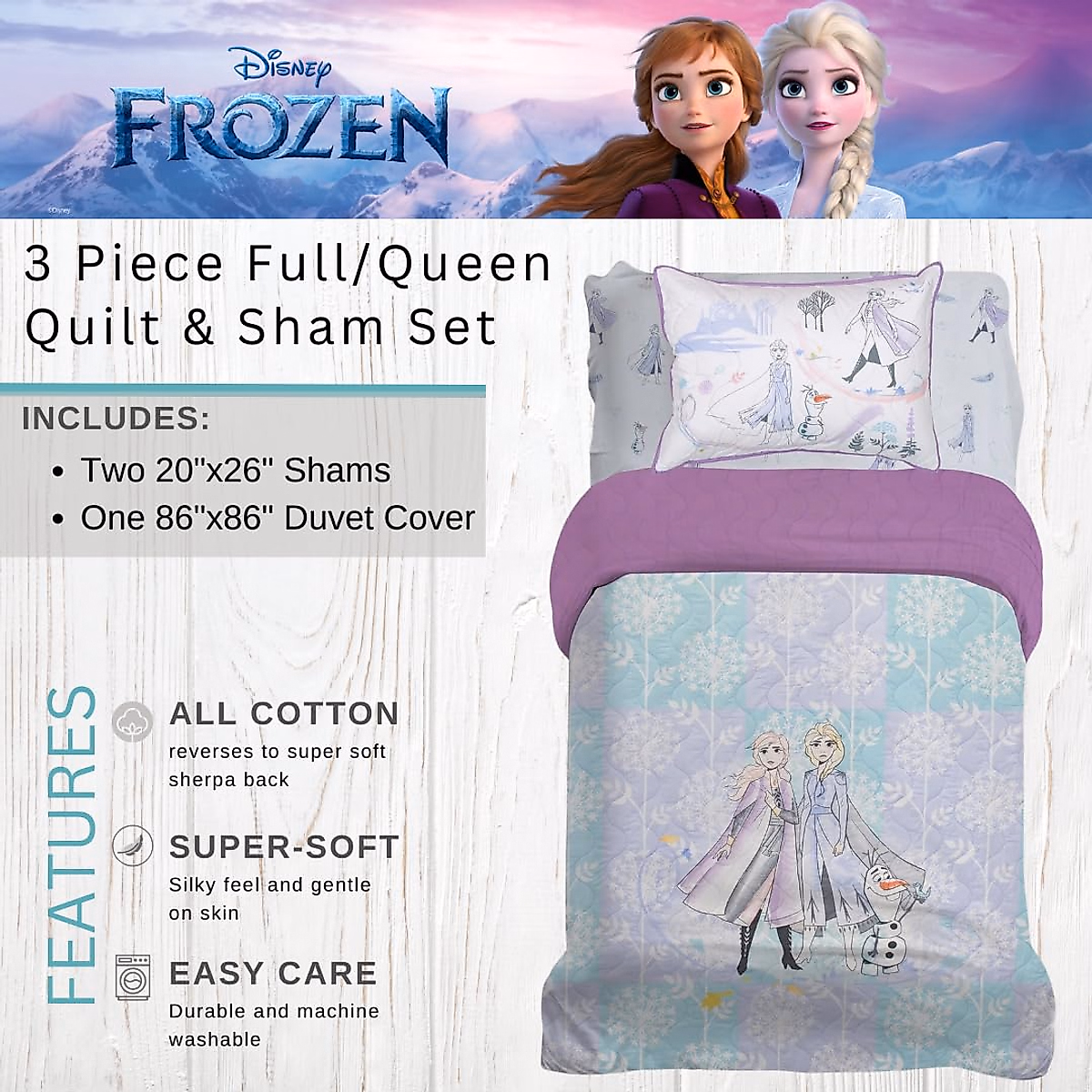 Franco Disney's Frozen 2 Kids Bedding Super Soft Premium Organic Cotton Quilt Coverlet with Sham, 3 Piece Full/Queen Size, (Officially Licensed Product)