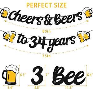34th Birthday Decorations Cheers to 34 Years Banner for Men Women 34s Birthday Backdrop Wedding Anniversary Party Supplies Black Glitter Decorations PRE STRUNG