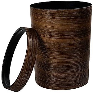 Round Waste Bins Hipsteen Retro Style Pressing Ring Plastic Trash Can Household Office Mimetic Wood Grain Garbage Bin Kitchen Outdoor Bedroom Bathroom Office Commercial Bins Waste