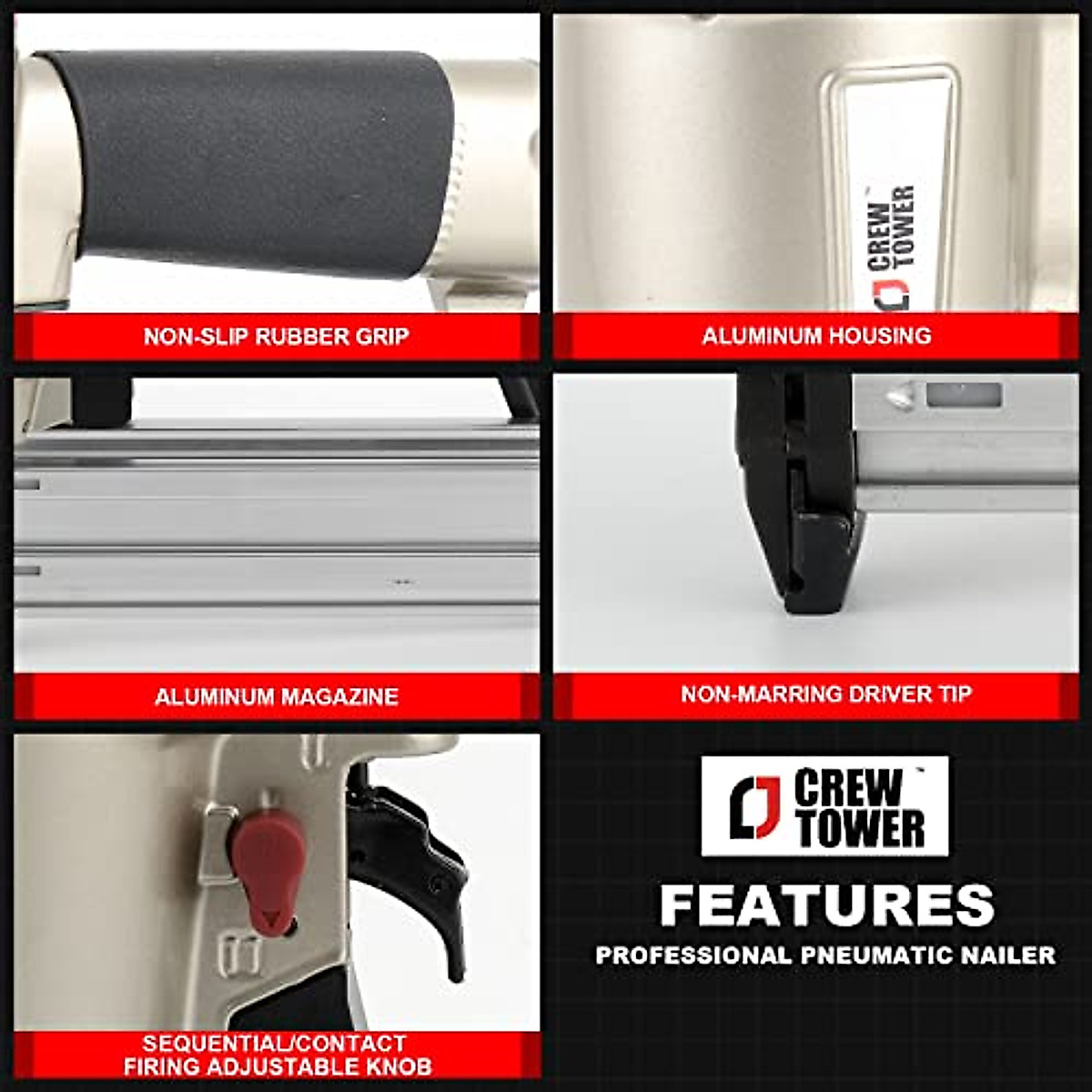 CREWTOWER Concrete Nailer, 14 Gauge 3/4 Inch to 2-1/2 Inch Concrete T Nailer, Pneumatic Concrete Nail Gun for Furring Strips Lath to Masonry Plywood to Concrete Subflooring and Cement, Air Powered