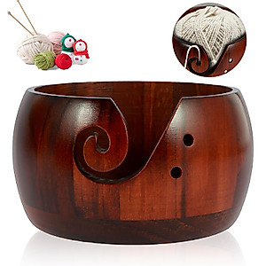 US Wooden Yarn Bowl Round Crochet Bowl Holder with Holes Pine Knitting Yarn Bowls Wooden Weaving Thread Bowl with Lid Portable Yarn Storage Bowl for DIY Knitting Crafts 5.9x5.9x3 inch(Dark -colored)