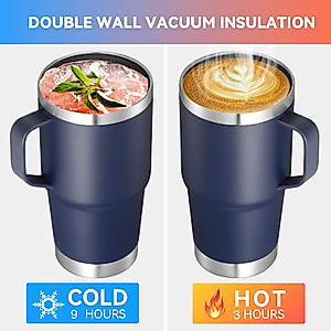 VEGOND 20 oz Tumbler with Handle Lid and Straw, Stainless Steel Insulated Travel Coffee Mug Spill Proof Double Wall Metal Tumbler Cup Keeps Drink Hot and Cold, Navy Blue 1 Pack