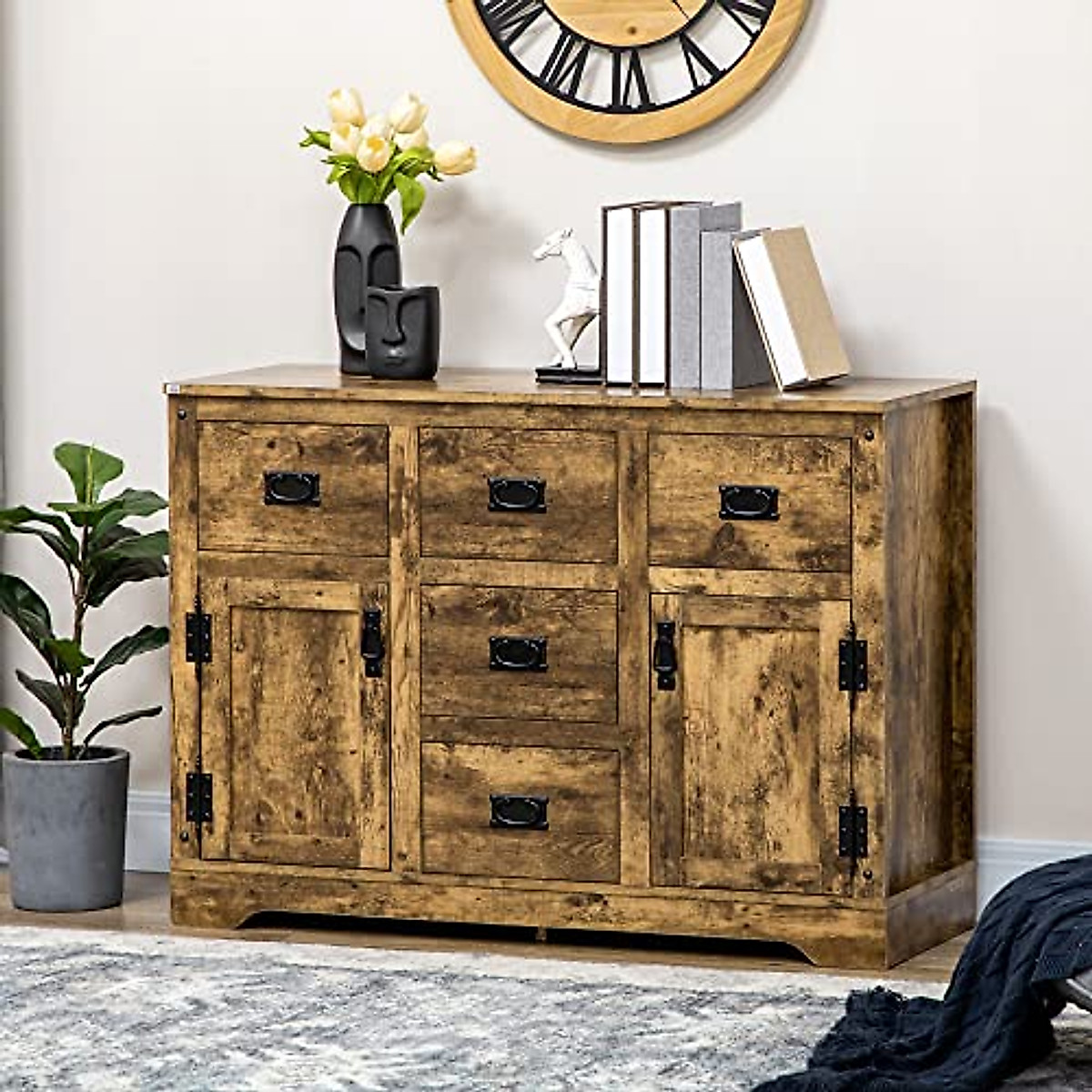 HOMCOM Industrial Sideboard Buffet Cabinet, Kitchen Cabinet with Five Drawers, Two Door Cabinets, Adjustable Shelf Coffee Bar Cabinet, Brown