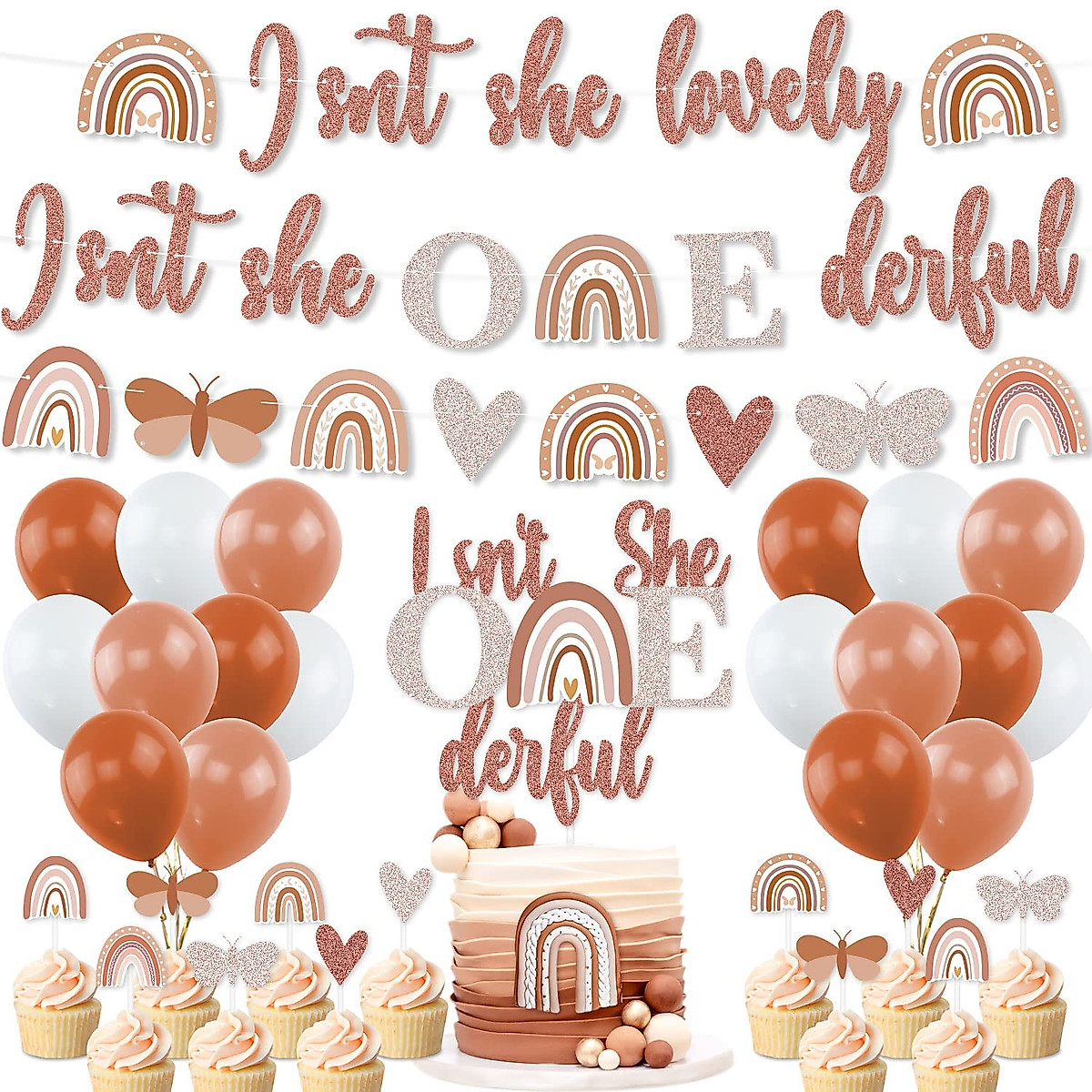 Boho Rainbow 1st Birthday Decorations,Boho First Party Decorations Isn't She Lovely and Isn't She Onederful Banner Cake Toppers and Balloons for Boho Theme Party First Birthday Girls