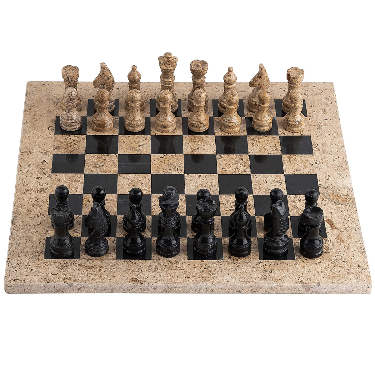 Handmade Marble Chess Set -15x15 Inches- Full Handcrafted Chess Board and Pieces -Fossil Black