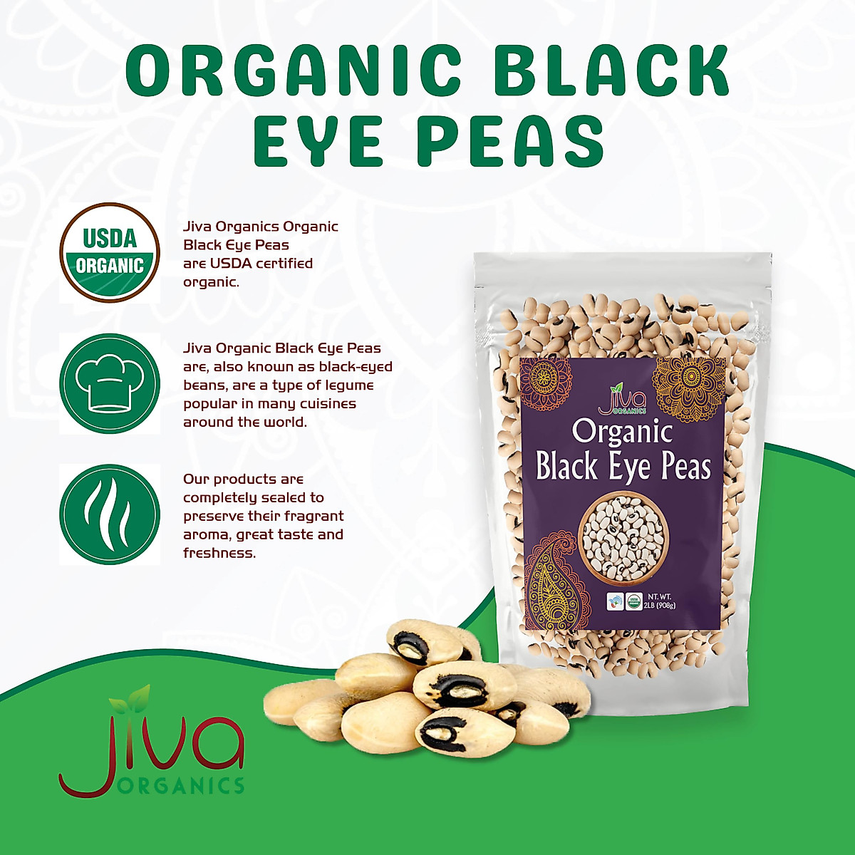 Jiva Organics Organic Black Eye Peas 2 Pound Bag - Cowpeas, Non-GMO, Natural