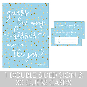 DISTINCTIVS How Many Kisses in the Jar Game - Blue and Gold - Bridal Shower or Wedding (Sign with Cards)