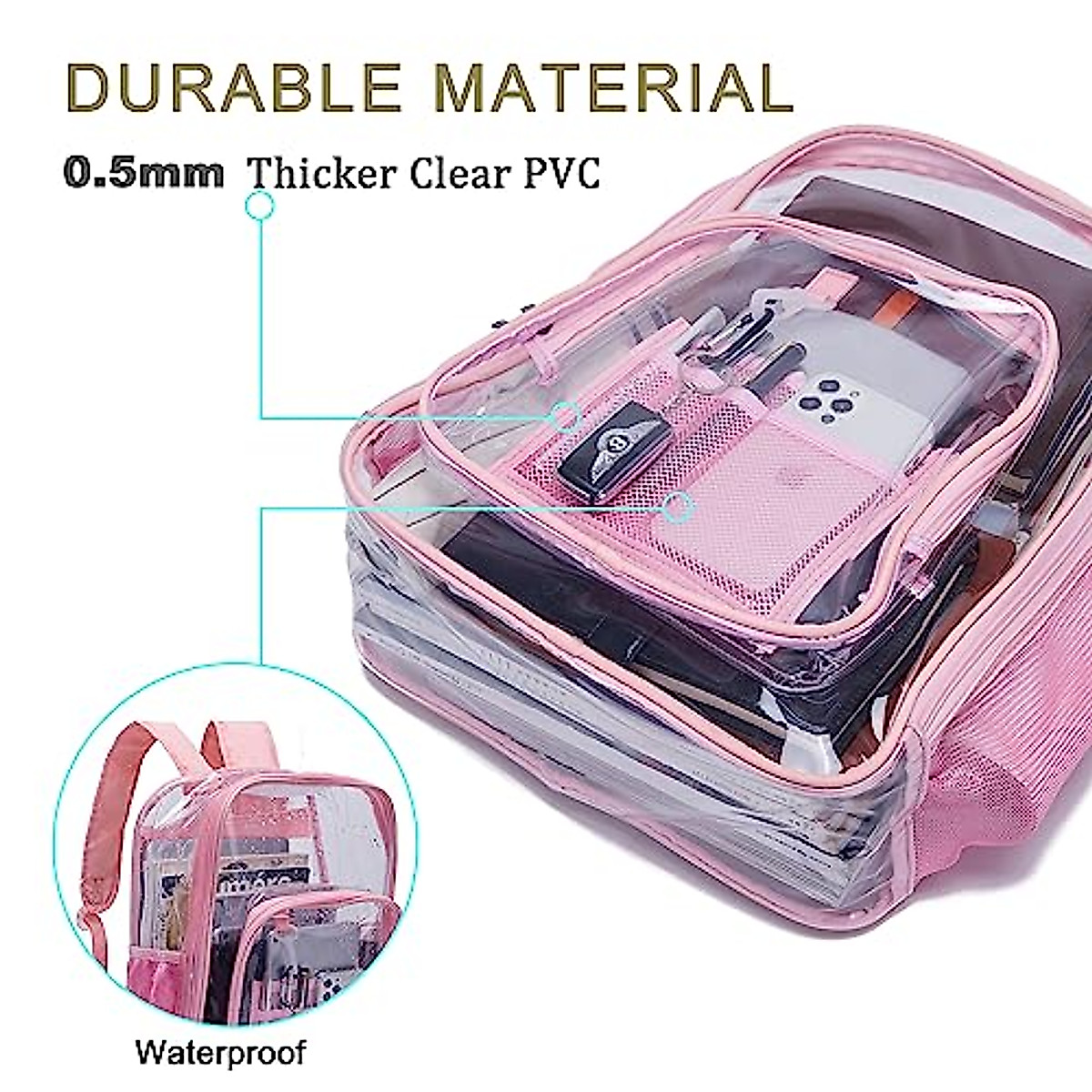 YZAOLL Clear Backpack Heavy Duty Large Transparent Backpacks Soft TPU Daypack Backpacks Book Bag Stadium Approved Pink
