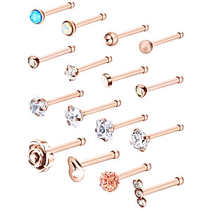 JOVITEC 16 Pieces Nose Stud for Women 20 g Nose Ring Set Bone Nose Studs l Shaped Surgical Stainless Steel Cartilage Tragus Piercing Rose Gold Ball Sapphire Labret Jewelry