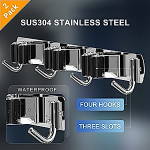 2 Pack Mop Broom Holder Wall Mount, Broom Organizer Mop and Broom Storage Tool Racks Stainless Steel Self Adhesive Wall Hanger for Home Kitchen Garden Laundry Garage by ZONGOOL (3 Racks 4 Hooks)