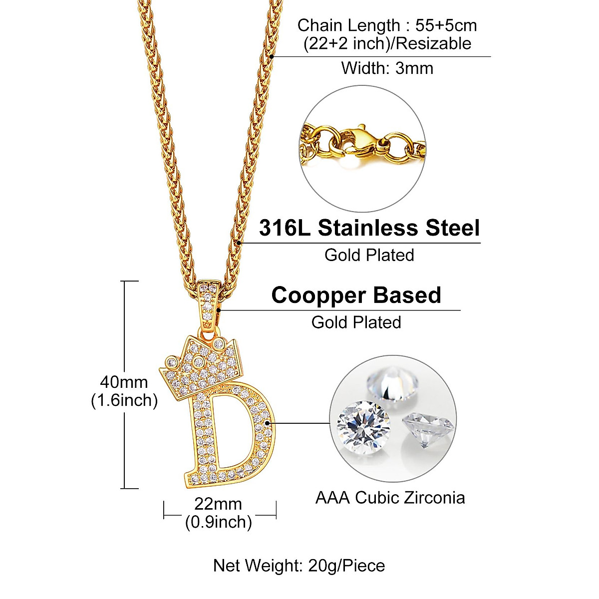 Richsteel Initial D Necklace For Men Women 18K Gold Plated Pendant with 22 Inch Chain Fashion Letter Name Jewelry