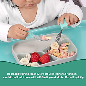 HIWOOD Baby Spoon and Fork Training Set with Travel Case, Toddler Utensils Silverware Set, 316 Stainless Steel and Silicone Flatware set for kids Self Feeding(Cow, Green)