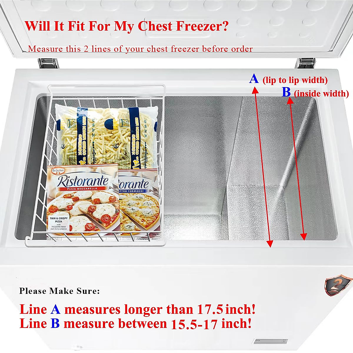 Orgneas 17.5inch Chest Freezer Organizer Bins Deep Freezer Basket Storage Rack Bins Metal Wire Baskets Large Size 2 Packs