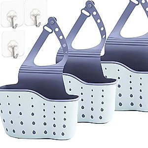 Qtopun Sponge Holder for Sink, 3 Pack Sink Caddy Organizer With 3 Hooks Kitchen Dishcloth Holder Adjustable Strap Bathroom Soap Hanging Strainer Tootthbrush Bag - Blue