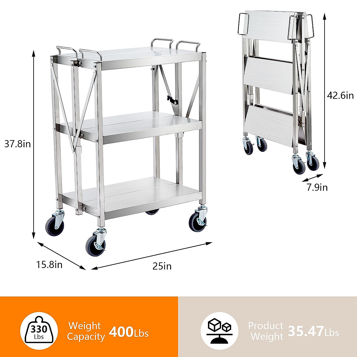 Garvee Heavy Duty Folding Utility Cart, Stainless Steel Collapsible Service Cart 133 Lbs Large Loading per Shelf, Sturdy 3-Tier Rolling Cart with Wheels Lockable for Restaurant Garage Office Outdoor