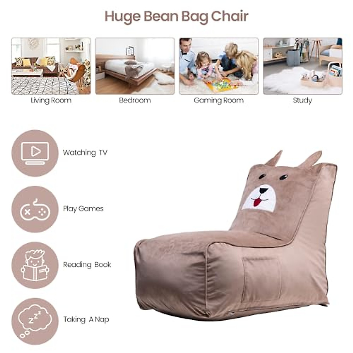 DKLGG Cute Dog Bean Bag Chair for Kids, Stuffed Animal Beanbag Chairs Soft and Comfy Stuffable Zipper for Girls Boy Room Decor Large, Animal