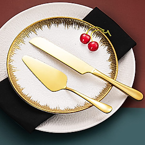 Mamajardin Cake Cutting Set for Wedding - Elegant Knife and Server Set with Stainless Steel Rounded Edges, Cake Cutter Pie Spatula Birthday Anniversary Easter Mother's Day Gifts of 2, Gold
