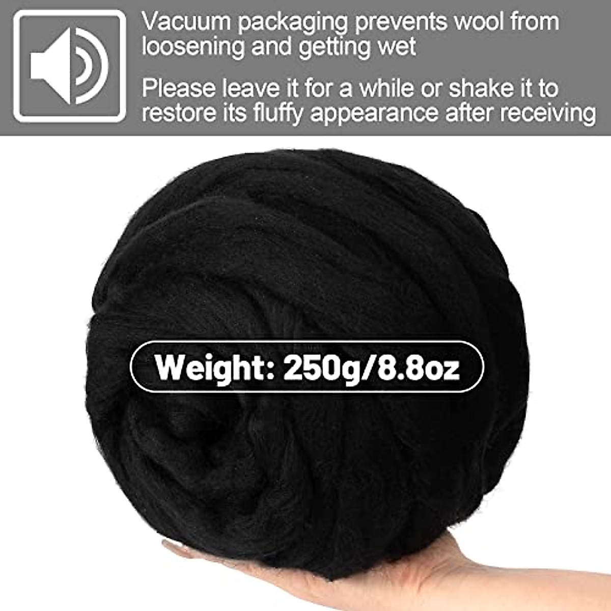 Natural Wool Roving - 8.8 oz Fibre Wool Yarn Roving Needle Felting Wool Hand Spinning for Beginners Adult Wool Felting Yarn Supplies DIY Craft Materials - Black