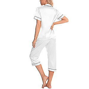 SWOMOG Satin Pajama Set Women Silk Pjs Set Short Sleeve 2 Piece Button Down Sleepwear Lounge Sets White