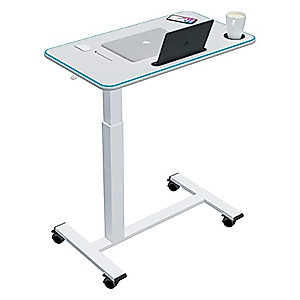 HITACTS Upgrade Multifunctional Height Adjustable Overbed Table with iPad Slot, Cup Holder, Lockable Wheels, Adjustable Overbed Bedside Table, Mobile Standing Desk Laptop Desk, Height 29"-44"