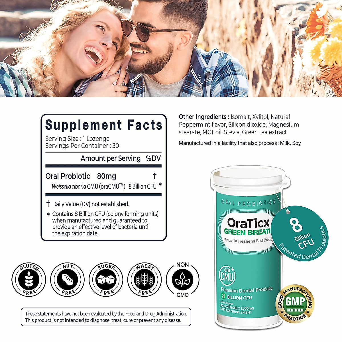 OraTicx Green Breath Oral Care Probiotics, Naturally Support Freshens Bad Breath & Healthy Mouth, Dental Probiotic Supplement 8 Billion CFU, Mint Flavor 30 Lozenges 1-PK