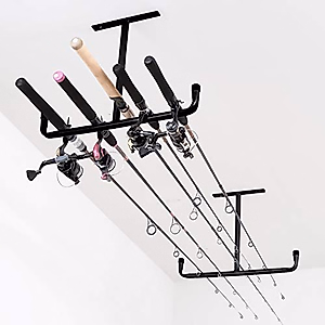 Henson Overhead Garage Storage Rack - Heavy Duty Double Ceiling Mounted Hooks Utility Hangers Safe Racks for Fishing Rod 16.5" Arm Length 2 Pack, Black