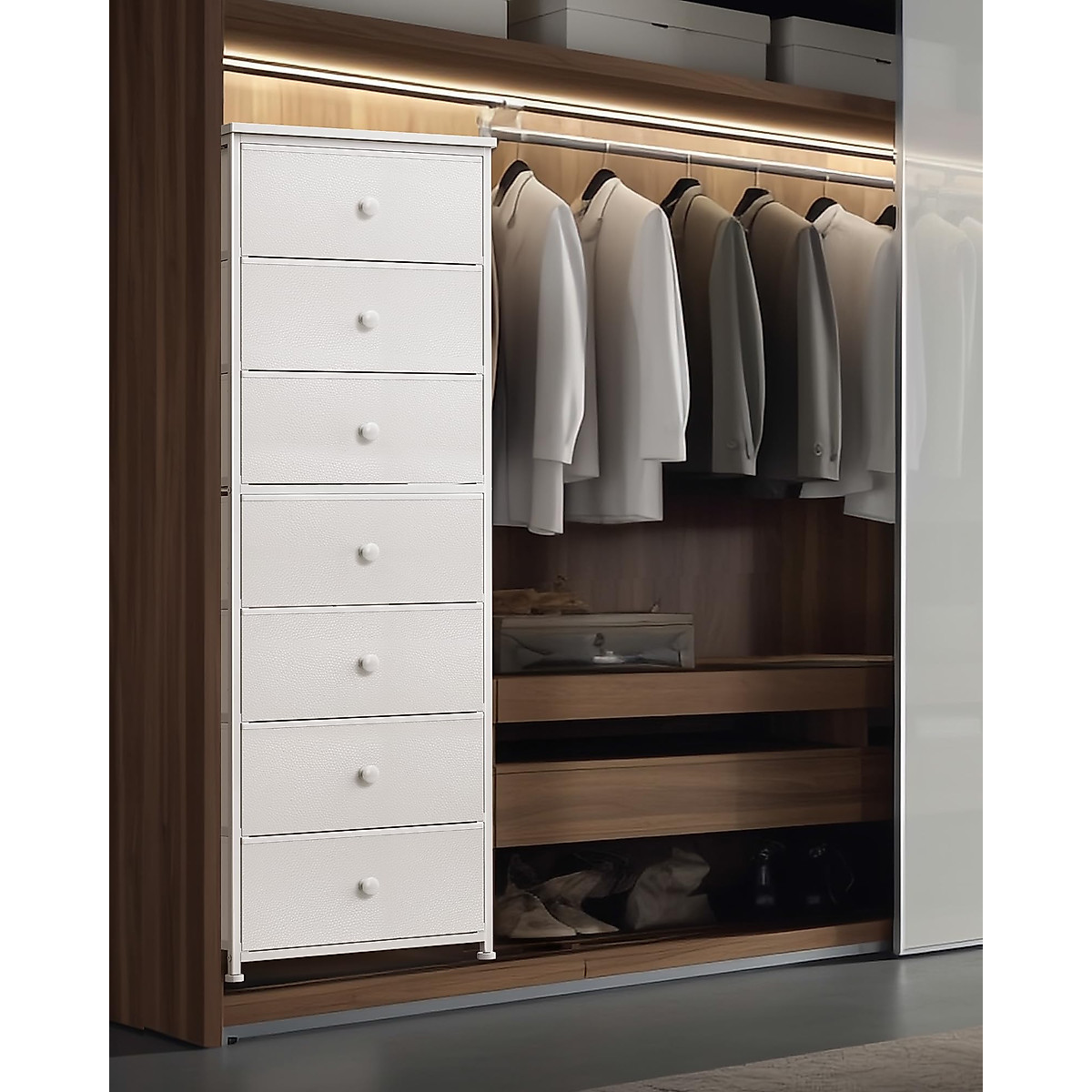 Tall Fabric Dresser for Bedroom, Vertical Storage Organizer Tower with 7 Drawers, Chest of Drawers with Bins, Steel Frame, Wood Top for Bedroom, Closet, Entryway White