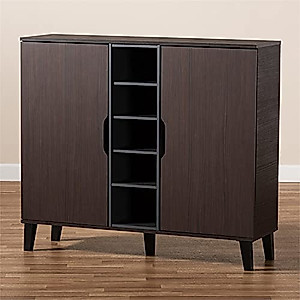 BOWERY HILL Mid-Century Modern Two-Tone Dark Brown and Grey Finished Wood 2-Door Shoe Cabinet