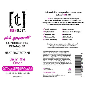 Teenology Leave-In Conditioning Detangler + Heat Protectant for Teens - Helps with Acne and Breakouts - Pink Grapefruit Scent 6 oz.