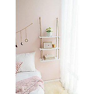 Mkono Hanging Shelves 3 Tier White Wood Wall Mount Floating Shelf with Rope Boho Decor for Living Room Bathroom Bedroom Kitchen Apartment - Rustic Wood Decorative Storage Shelf