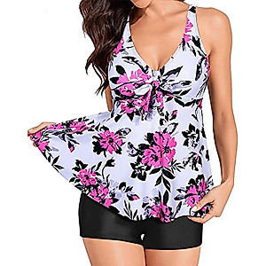 Yonique Women 2 Piece Flowy Tankini Swimsuits with Boyshorts V Neck Swim Tank Tops Bathing Suits Modest Swimwear Pink Flower XL